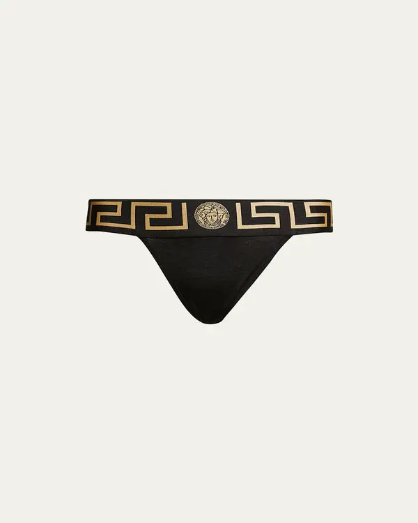 Versace Greca-border Stretch Cotton Thong - Black