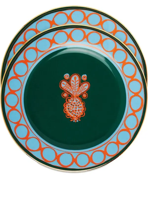 La DoubleJ Pineapple-print Dessert Plates - Orange
