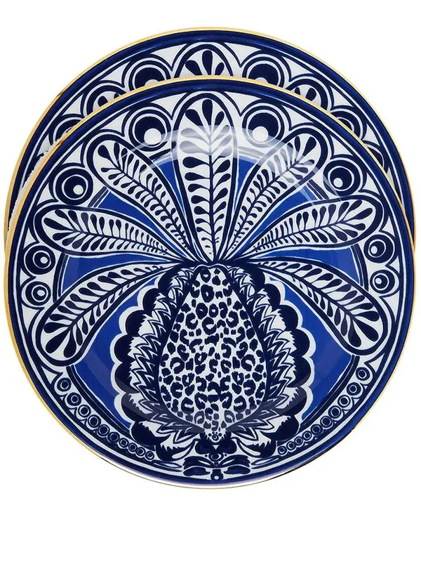 La DoubleJ Pineapple-print Dessert Plates - Blue