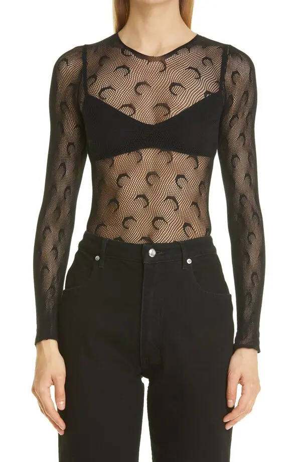 MARINE SERRE メッシュトップ 巾着付き Moon Fishnet Marine Serre Moon Fishnet Top - Black | Editorialist
