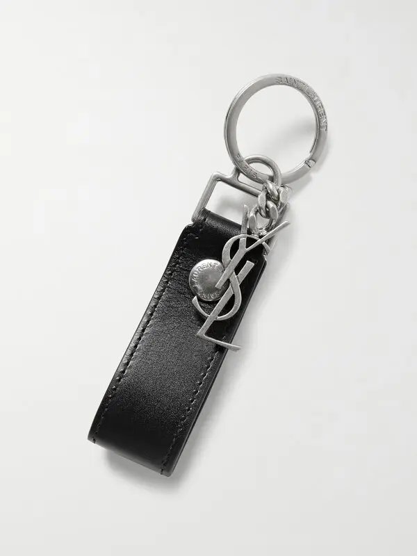 Saint Laurent Leather And Burnished Silver-tone Key Fob - Black