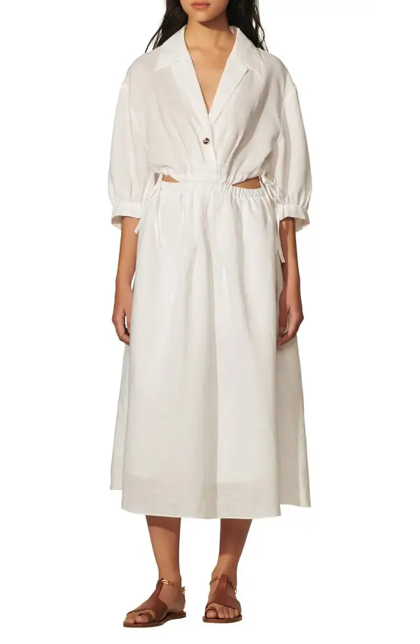 Sandro Soledad Drawstring Waist Cutout Ramie Midi Dress - Ecru |  Editorialist
