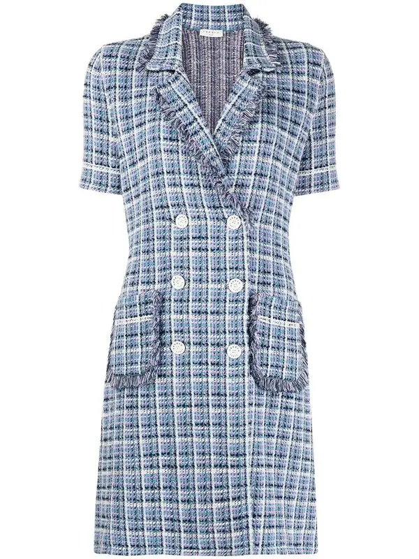 Sandro Double-Breasted Checked Tweed Dress In Blue 68% Off - Main Image