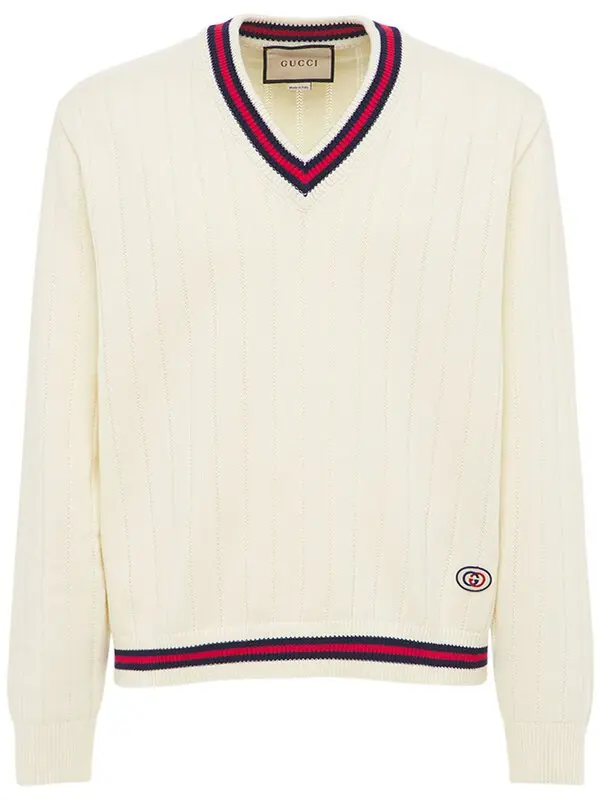 トップス Archive GUCCI v neck cotton knit sweater Gucci Cotton Knit V Neck Sweater W/ Web - Ivory | Editorialist