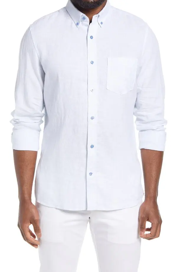 Nordstrom Big & Tall Trim Fit Solid Linen & Cotton Button-Down Shirt - Blue  Skyway | Editorialist