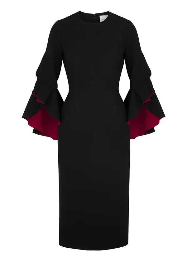【ROKSANDA】BLACK bell-sleeve dress Roksanda Camellia Ruffle-Trimmed Midi Dress - Black | Editorialist