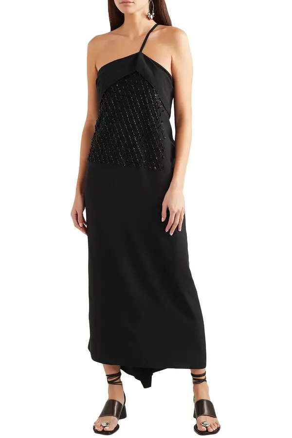 Dries Van Noten One-Shoulder Draped Beaded Crepe Dress In Black - 75% Off |  Editorialist