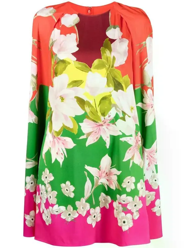 Valentino Garavani Flying Flowers Print Cape-sleeve Minidress - Green