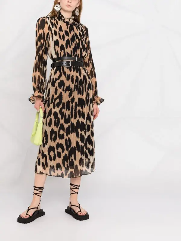 open lace back dress Elegant Leopard Print Pleated Midi Dress for Women  Long Sleeves, High  Neck, Perfect for Spring & Fall