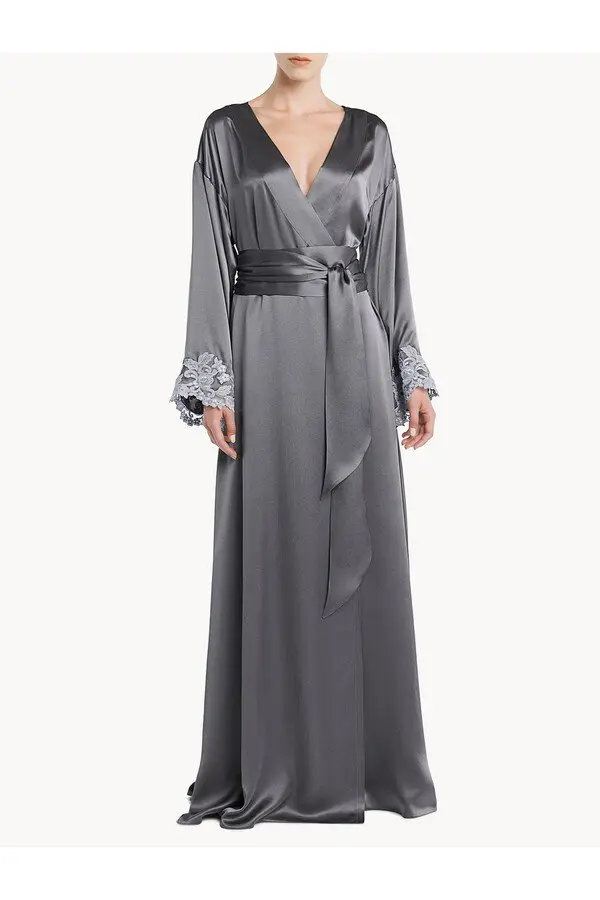 La Perla Grey Silk Long Robe With Lurex Frastaglio - Silver | Editorialist