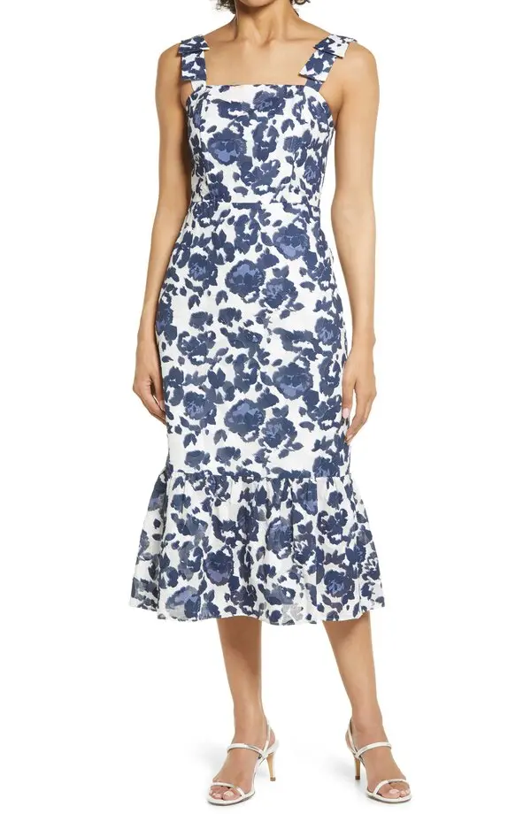 blue floral burnout dress Heidi Floral Burnout Ruched Midi Dress Navy – Girl In Mind main image 1