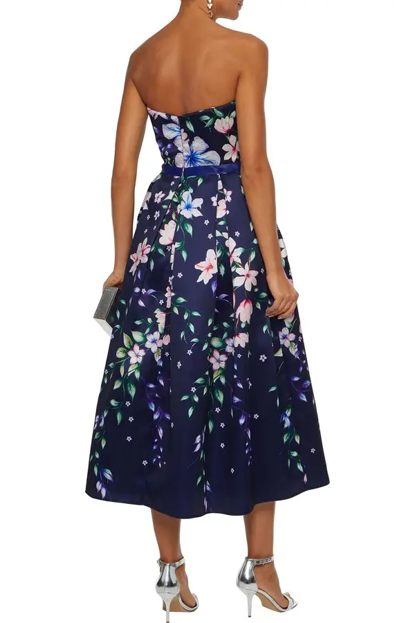 Marchesa Strapless Bow-Embellished Floral-Print Satin-Piqu Gown In Indigo  - 60% Off | Editorialist