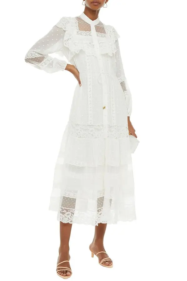Zimmermann Moncur Lace-Trimmed Ruffled Swiss-Dot Tulle And Georgette Midi  Dress Size In Off-White - 50% Off | Editorialist