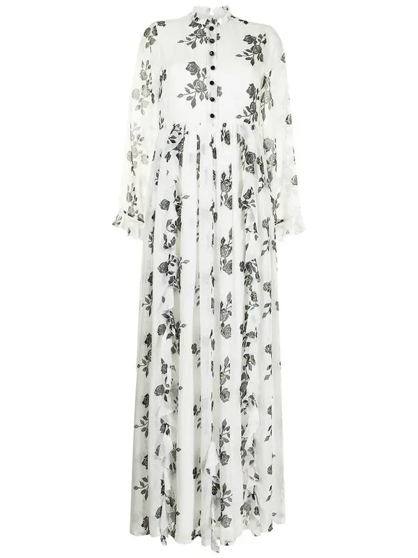 MACGRAW Rose Print Long Dress With Ruffle Trim