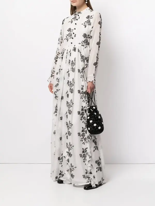 MACGRAW Rose Print Long Dress With Ruffle Trim