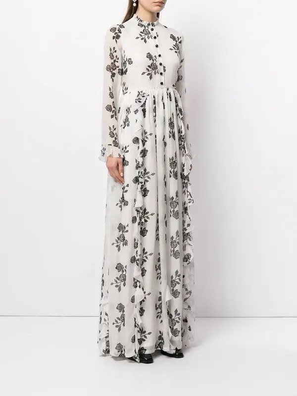 MACGRAW Rose Print Long Dress With Ruffle Trim