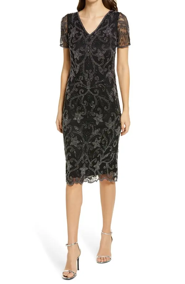pisarro nights beaded v neck cocktail dress Pisarro Nights Plus Size Beaded V-Neck Short Sleeve Sheath Mother of the Bride Dress , Womens, 24W, Mocha