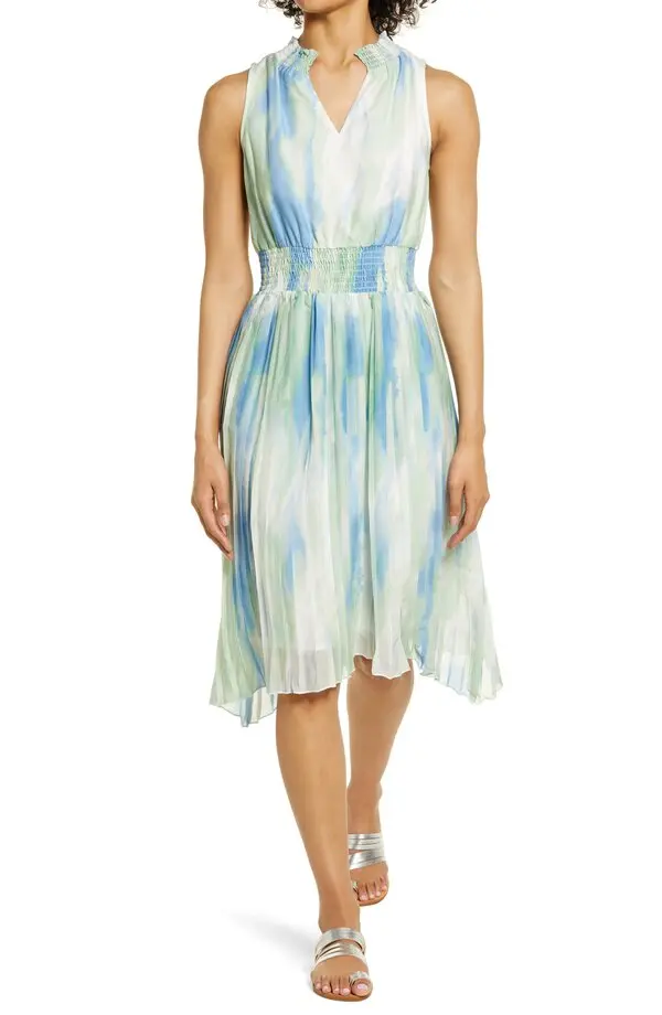 Btfl-Life Tie Dye Pleated Chiffon Dress - Blue/Green | Editorialist