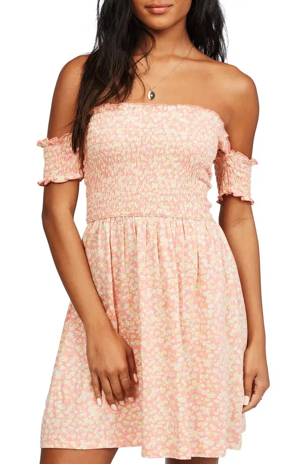 Billabong Keep It Sweet Smocked Off The Shoulder Dress - Guava |  Editorialist