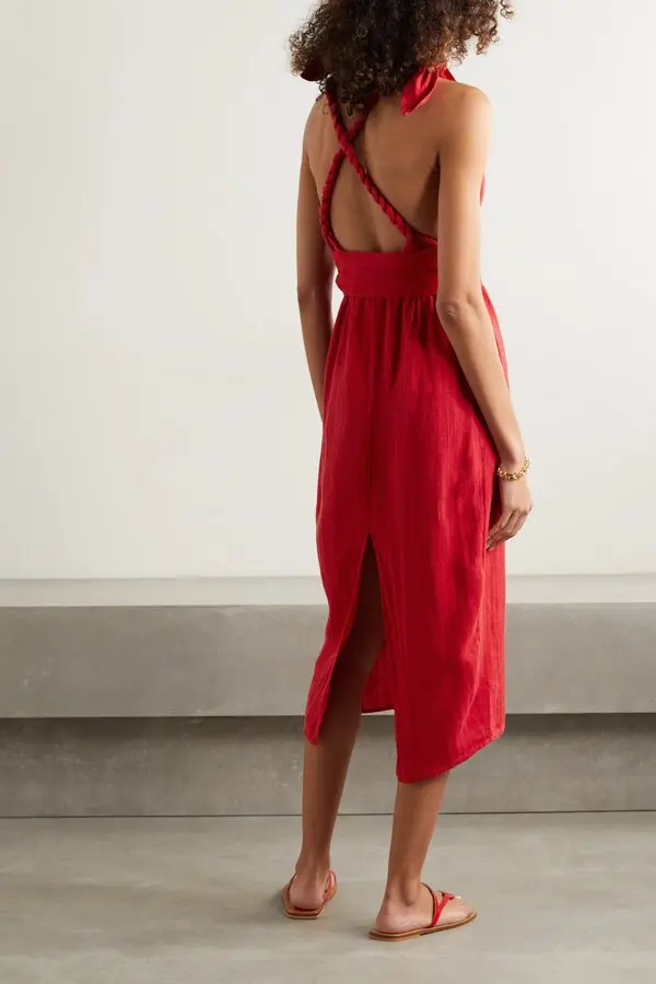 Mara Hoffman Calypso Belted Striped Linen And Tencel Lyocell-Blend Midi  Dress - Red | Editorialist