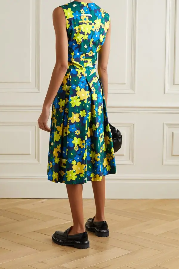 Marni Pleated Floral-Print Cotton-Poplin Midi Dress In Green - 40% Off |  Editorialist
