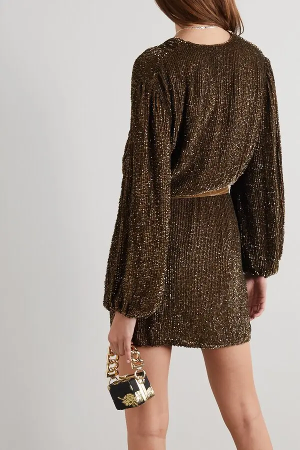 Retrofete Gabrielle Belted Sequined Chiffon Wrap Mini Dress In Green - 50%  Off | Editorialist