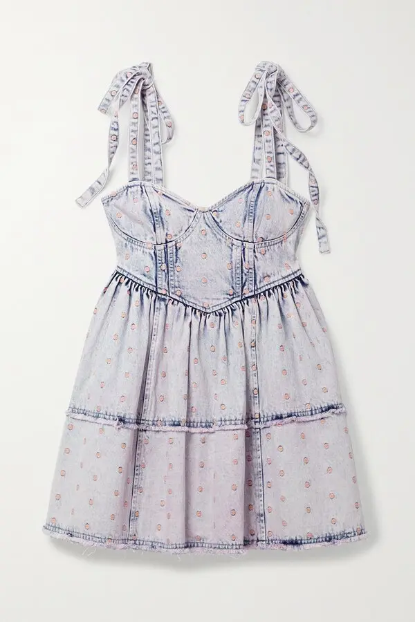 embroidered denim mini dress Bloom Contour Embroidered Denim Mini Dress M / Denim light wash