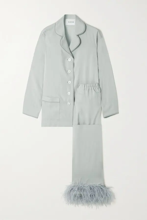 Sleeper Net Sustain Feather-trimmed Crepe De Chine Pajama Set