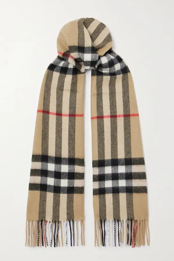 Burberry Fringed Checked Cashmere Scarf - Brown