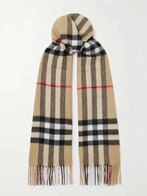 Burberry Fringed Checked Cashmere Scarf - Brown
