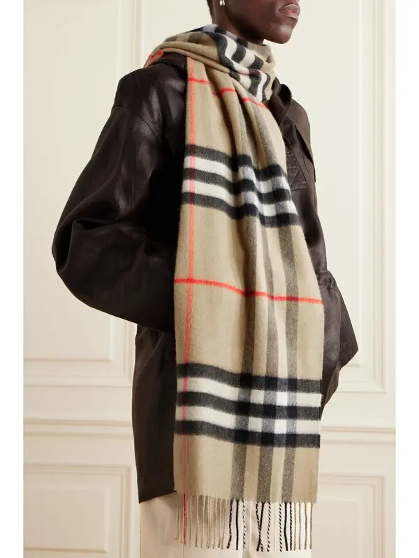 Burberry Fringed Checked Cashmere Scarf - Brown