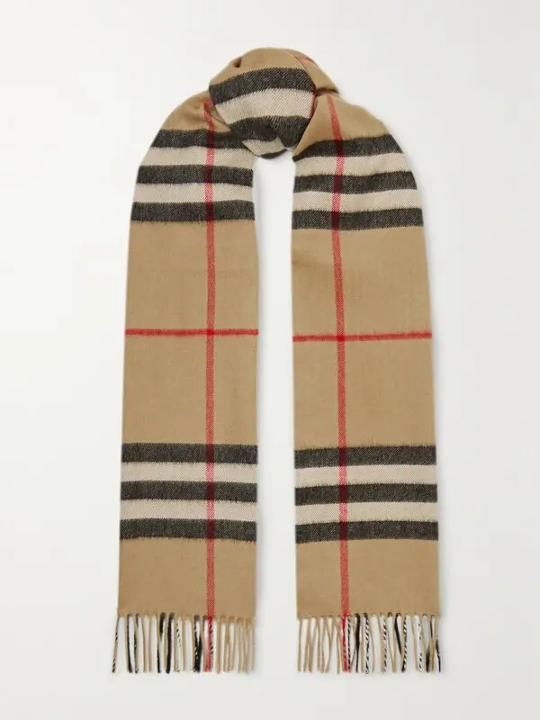 Burberry Fringed Checked Cashmere Scarf - Brown