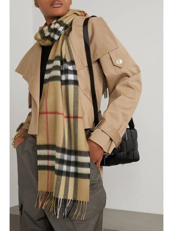 Burberry Fringed Checked Cashmere Scarf - Brown