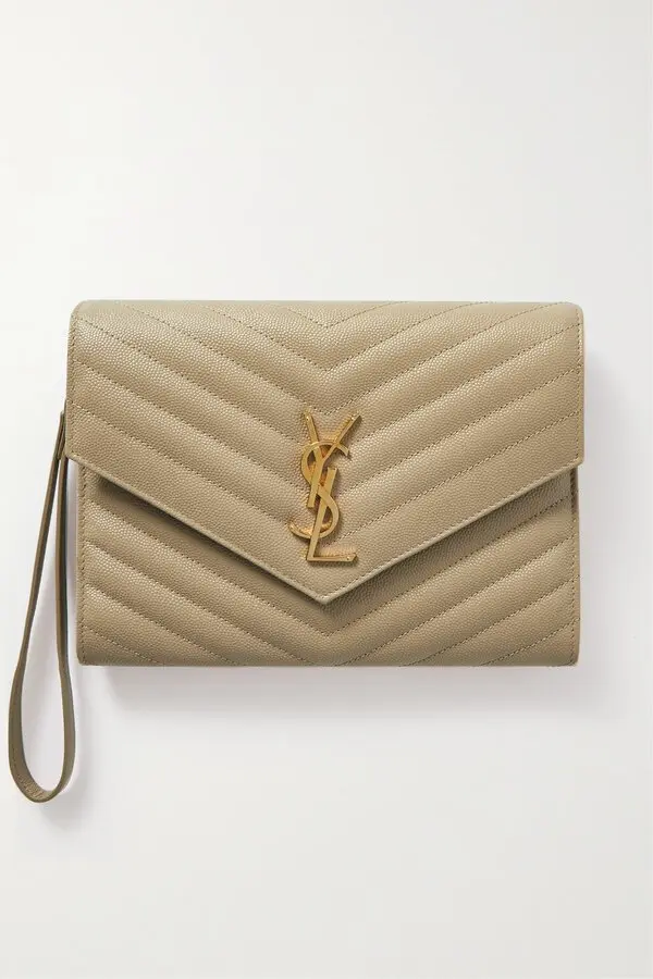 Saint Laurent Monogramme Quilted Textured-leather Pouch - Neutrals