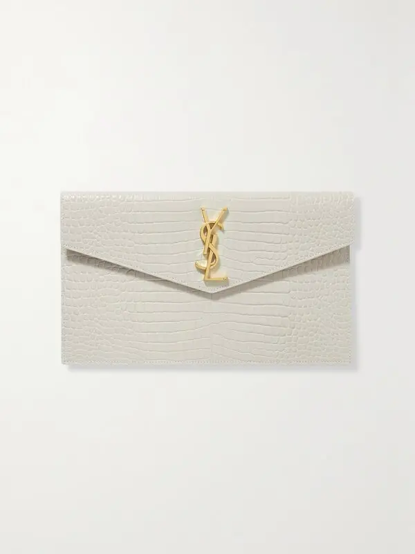 Saint Laurent Uptown Croc-effect Leather Pouch - Off-white