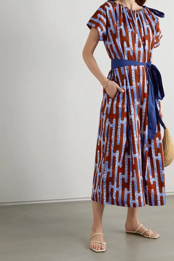 ODILE JACOBS Tie-detailed Belted Printed Waxed-cotton Midi Dress