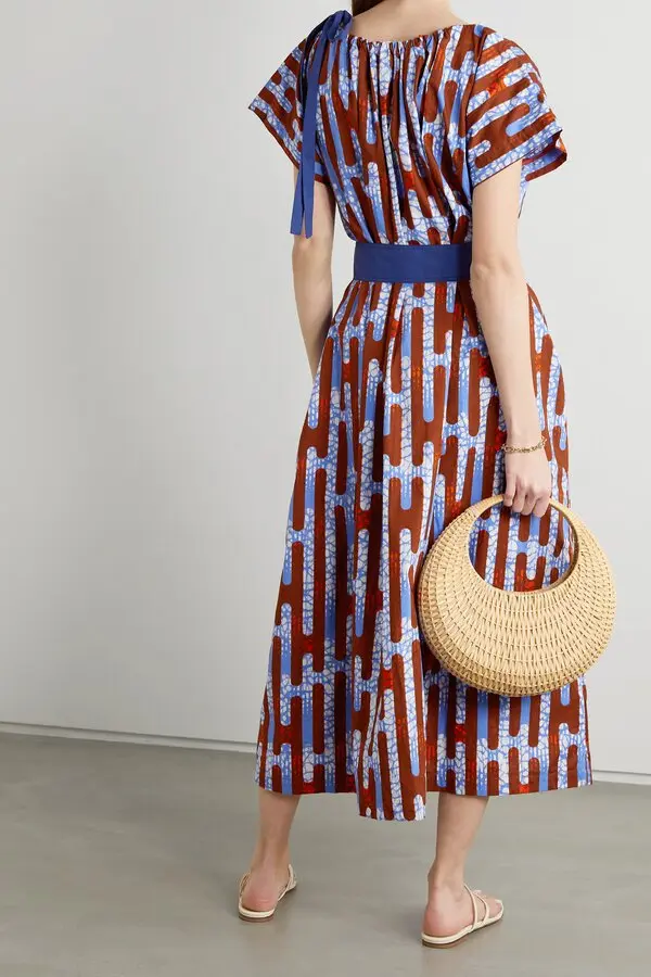 ODILE JACOBS Tie-detailed Belted Printed Waxed-cotton Midi Dress