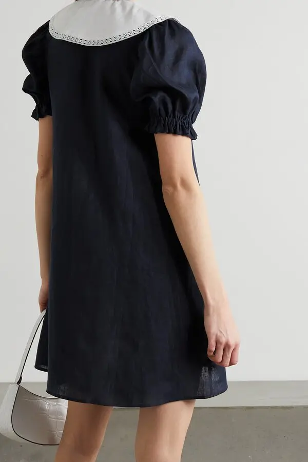 Sleeper Marie Lace-Trimmed Linen Mini Dress In Blue - 50% Off | Editorialist