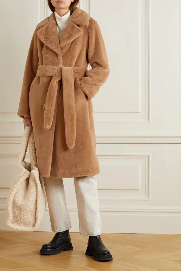STAND STUDIO Faustine Belted Double-breasted Faux Fur Coat