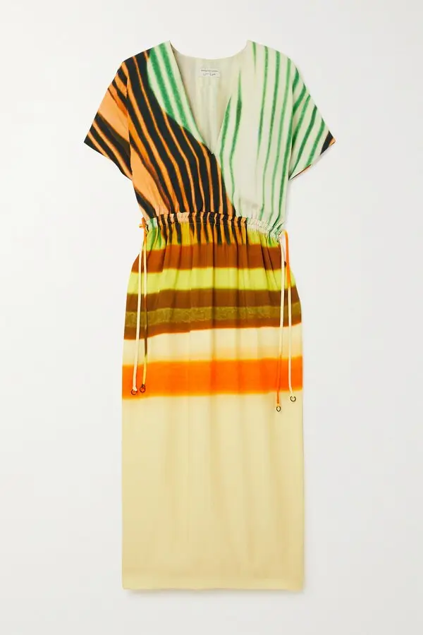 Dries Van Noten Dorias Drawstring Tie-dyed Striped Faille Midi Dress