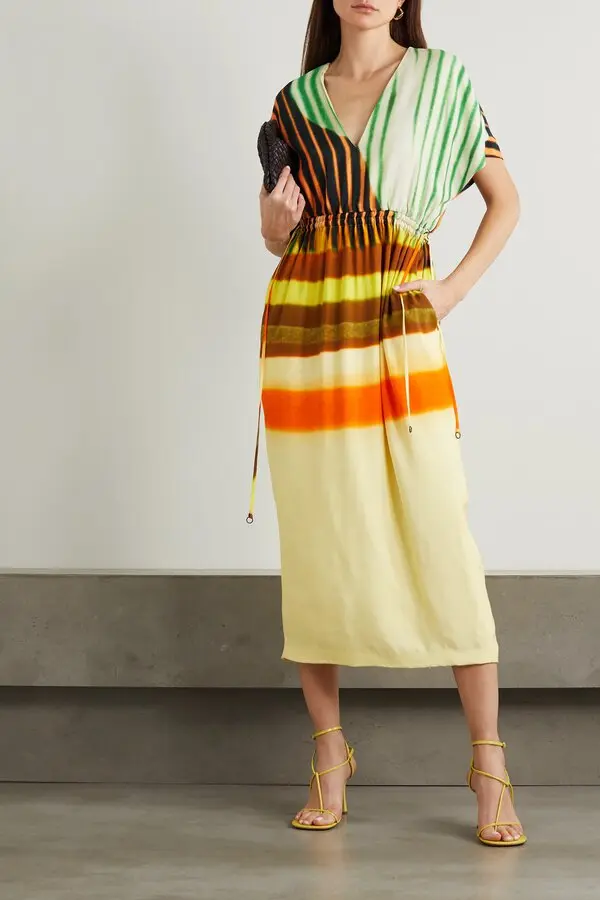 Dries Van Noten Dorias Drawstring Tie-dyed Striped Faille Midi Dress