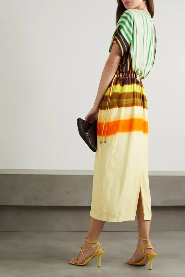 Dries Van Noten Dorias Drawstring Tie-dyed Striped Faille Midi Dress