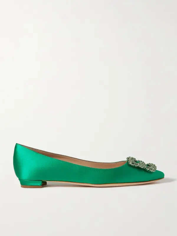 Manolo Blahnik Hangisi Crystal-embellished Satin Flats - Green