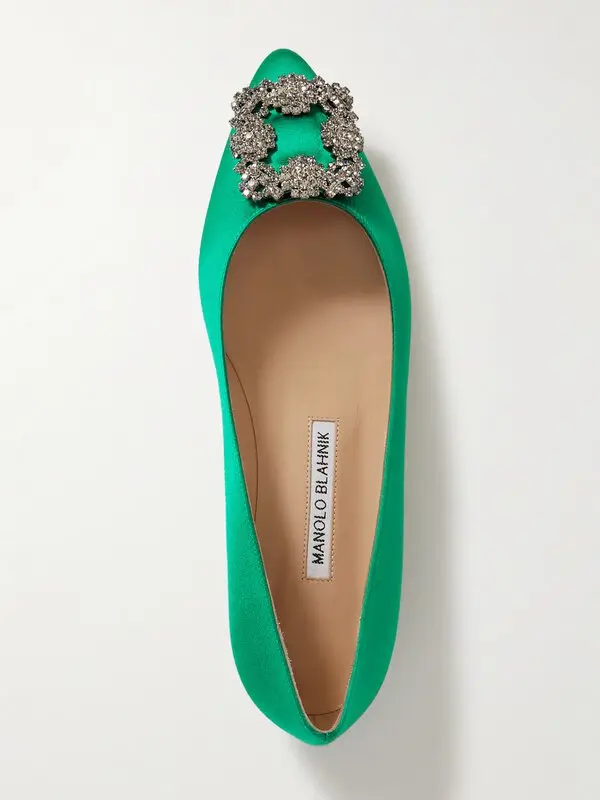 Manolo Blahnik Hangisi Crystal-embellished Satin Flats - Green