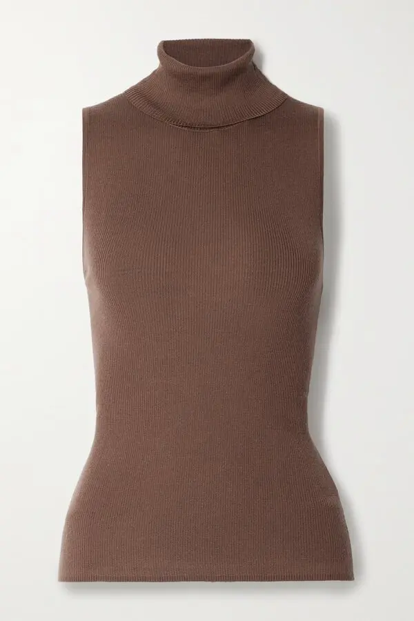 Tibi Cutout Ribbed Wool Turtleneck Top