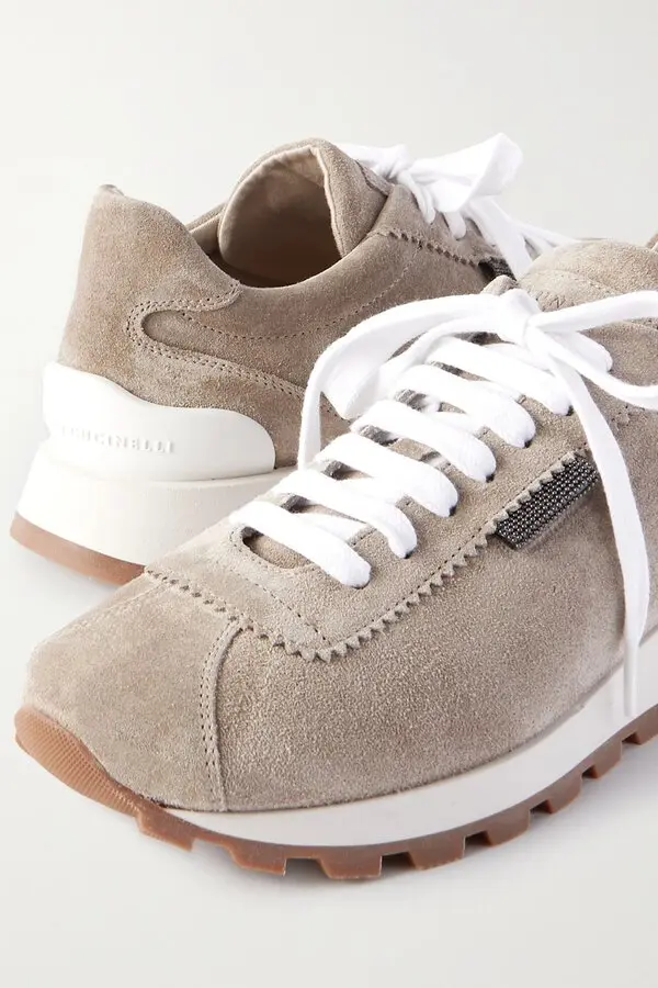 Brunello Cucinelli Bead-embellished Suede Sneakers - Gray