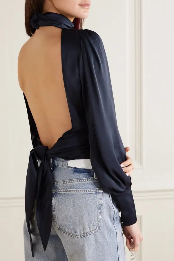 Orseund Iris Night Out Open-Back Ruched Satin Blouse In Blue - 40 