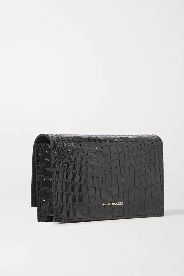 Alexander McQueen Skull Small Embellished Croc-effect Patent-leather Shoulder Bag - Black