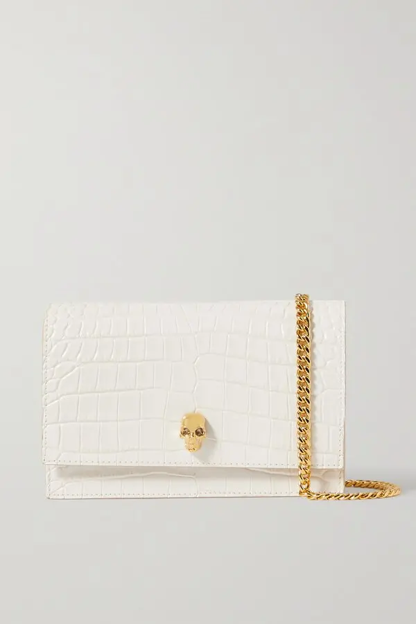 Alexander McQueen Skull Small Embellished Croc-effect Patent-leather Shoulder Bag