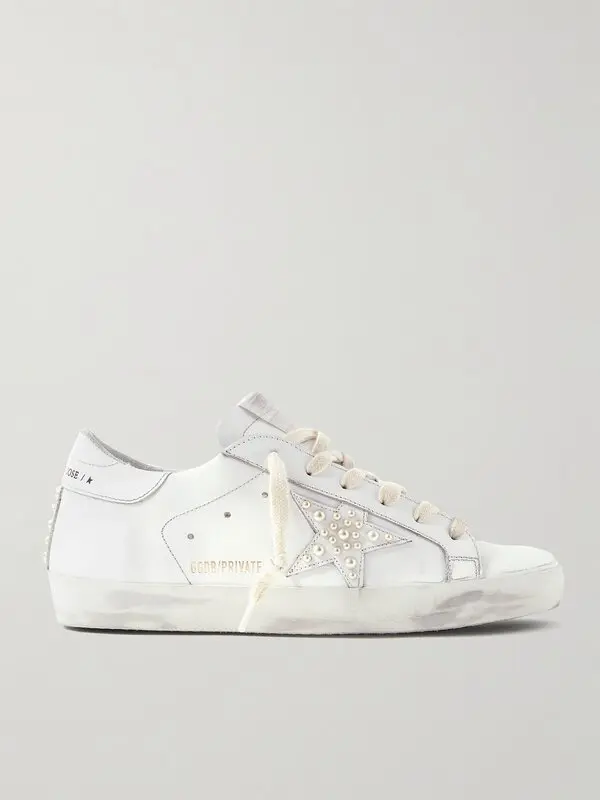 GOLDEN GOOSE Superstar Faux Pearl-embellished Distressed Leather Sneakers